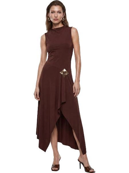 Koton Sleeveless High Neck Draped Midi Dress With Accessory Detail - Brown