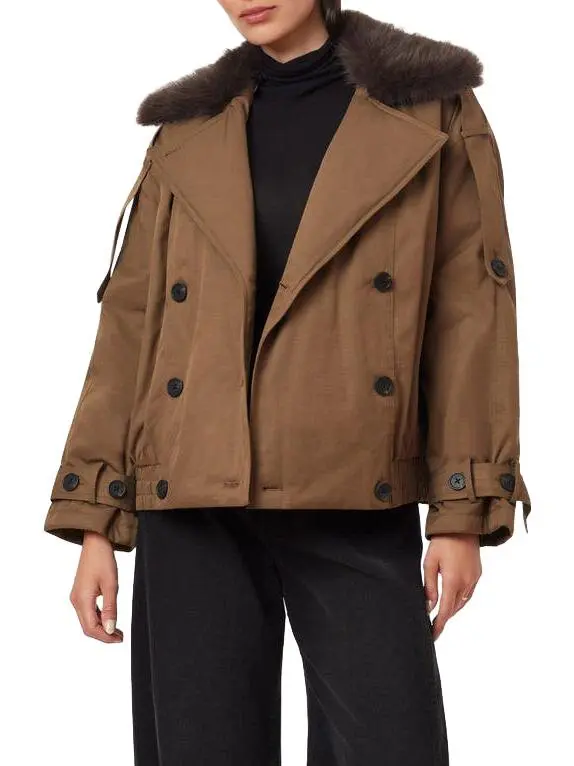 Habitual Faux Fur Collar Trench Jacket - Teak