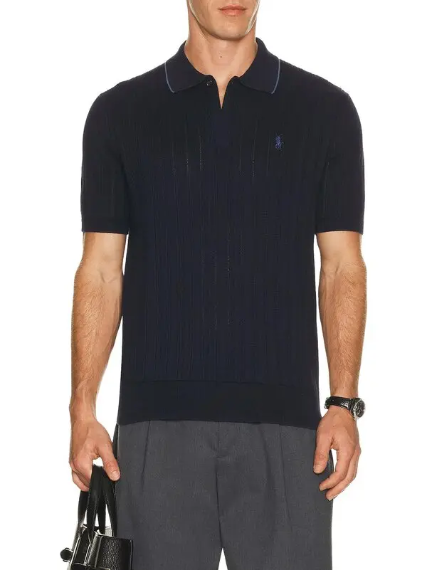 Polo Ralph Lauren Short Sleeve Cotton Rib Stitch Polo Sweater With Johnny Collar In Navy - Hunter Navy