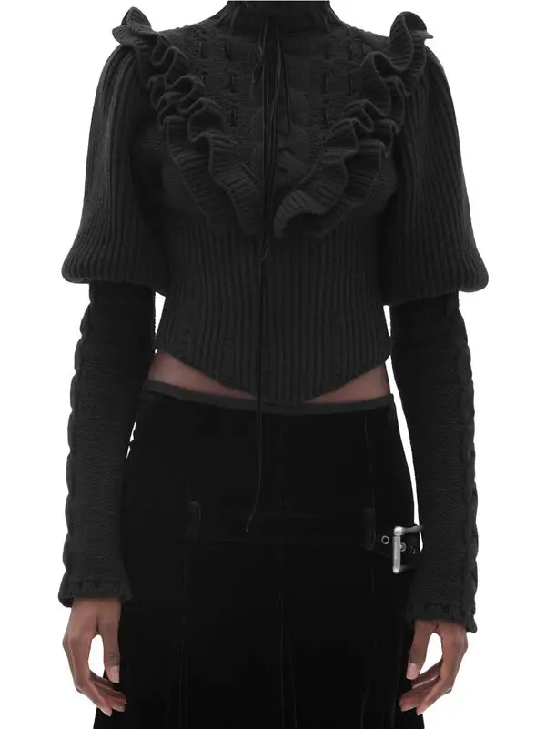 ANN DEMEULEMEESTER Ruffled-detail Cable-knit Sweater - Black