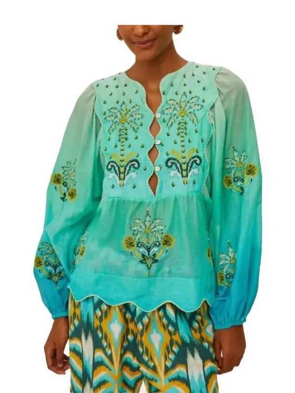Farm Rio Palm Tree Embroidered Top - Green