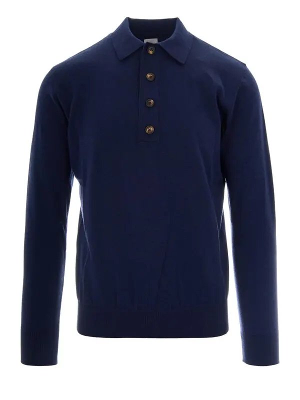 Eleventy Knit Long Sleeve Polo Shirt - Royal