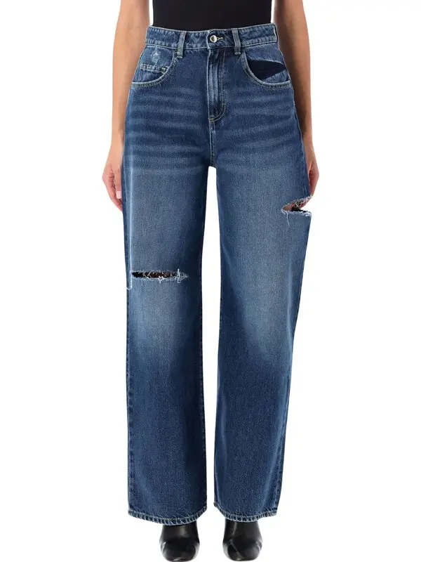 ICON DENIM LOS ANGELES High-waist Distressed Wide-leg Jeans - Mid Dark Blue