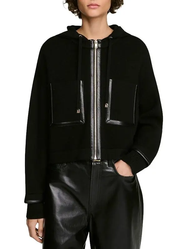 Sandro Arlo Hooded Leather Trim Cardigan - Black