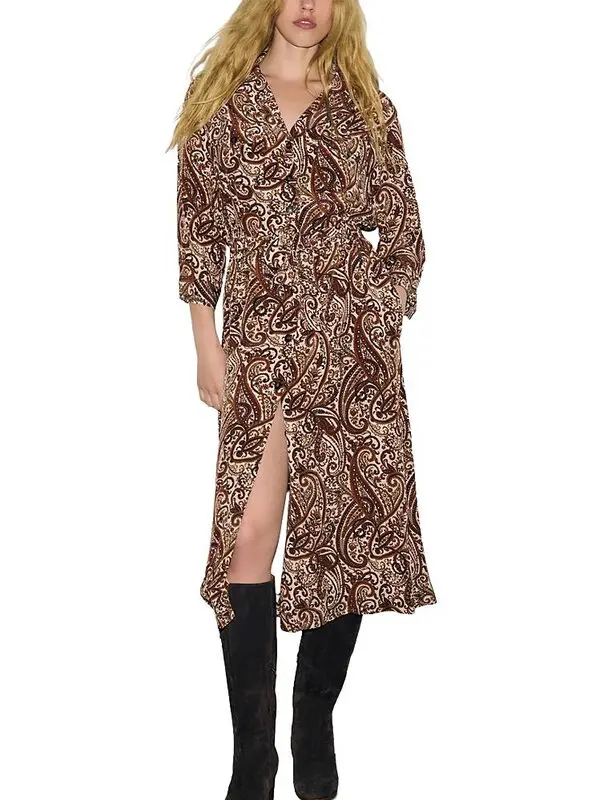 Gerard Darel Cyra V Neck Waist Tie Midi Shirt Dress - Caramel