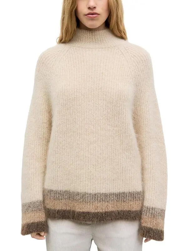 Gerard Darel Rola Mock Neck Striped Trim Pullover Sweater - Beige