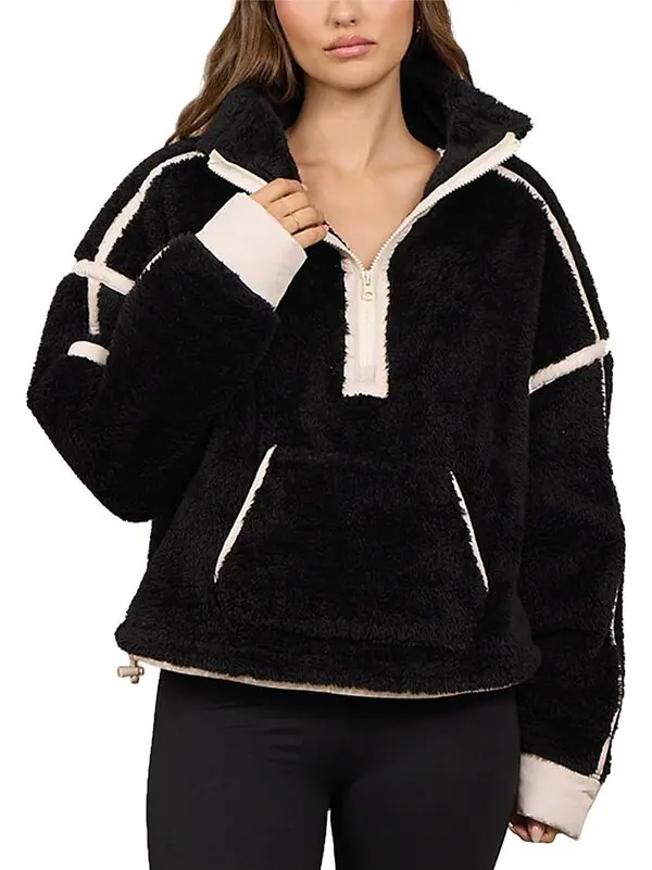 Vintage Havana Contrast Binding Sherpa Quarter Zip Jacket - Black