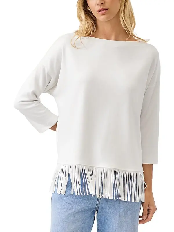 Karen Kane Boat Neck Fringe Trim Top - Cream