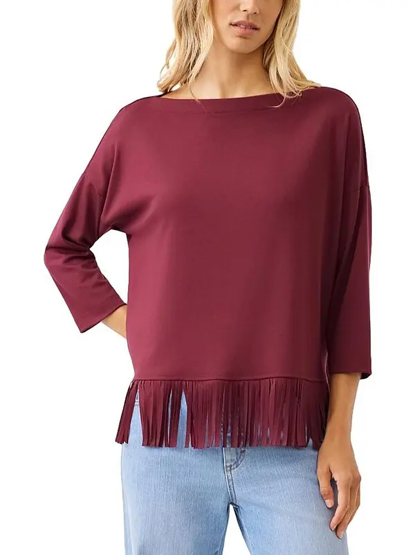 Karen Kane Boat Neck Fringe Trim Top - Elderberry