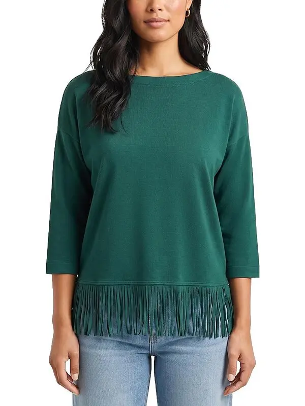 Karen Kane Boat Neck Fringe Trim Top - Spruce