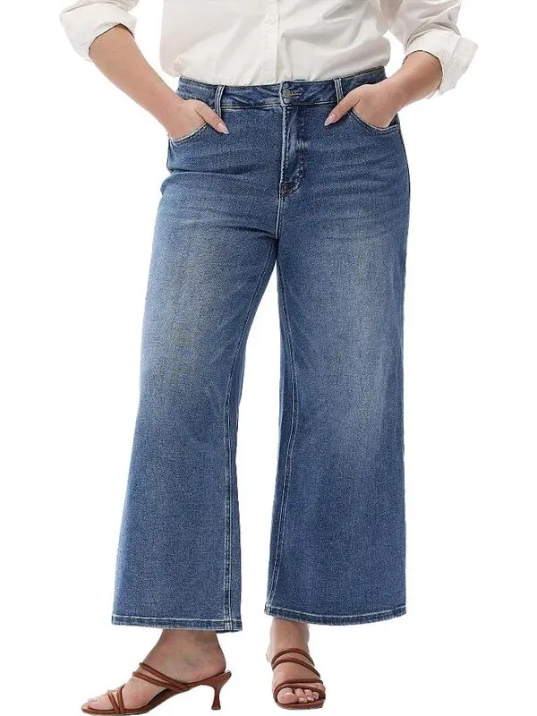 BAYEAS Plus Mid Rise Wide Leg Jeans Highly Stretchy Classic Denim For - Medium Blue