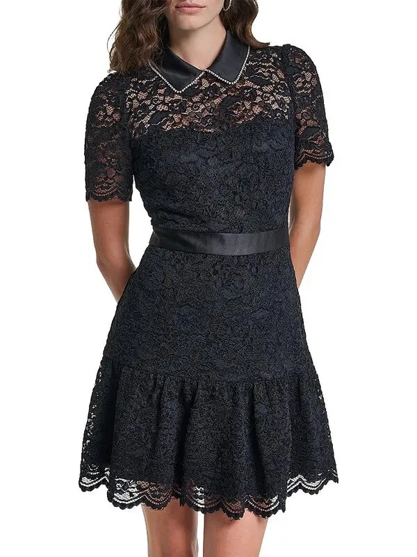 Karl Lagerfeld Paris Chenille Lace Scallop Hem Dress - Black