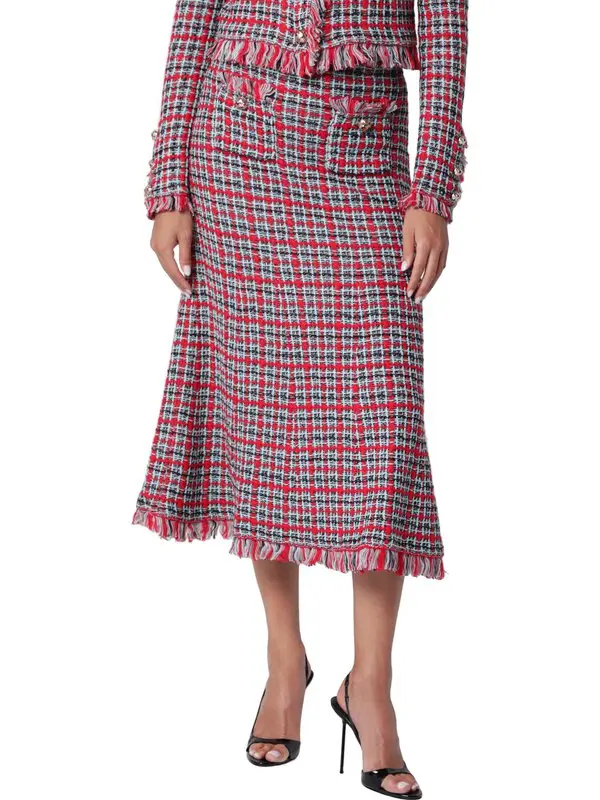 SELF-PORTRAIT Checked Midi Skirt In Cotton And Wool - Red