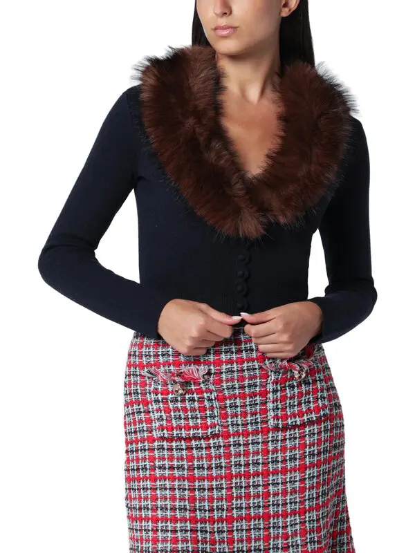 SELF-PORTRAIT Navy Knitted Cardigan With Faux Fur - Blue