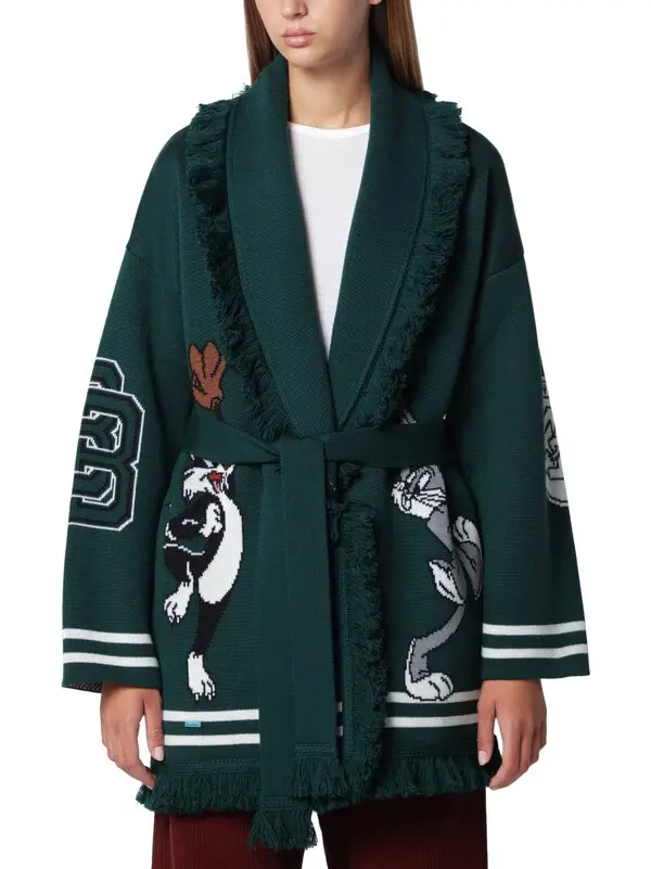 Alanui Forest Wool Cardigan With Bugs Bunny And Sylvester - Green