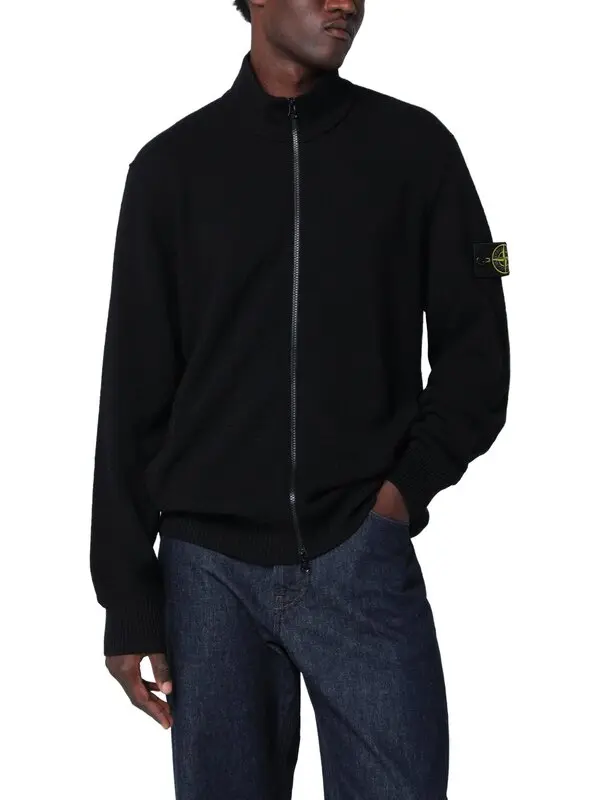 Stone Island Zip-up Sweater In Pure Wool - Black