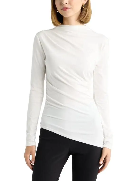 OPEN EDIT Ruched Asymmetrical Mock Neck Top - Ivory