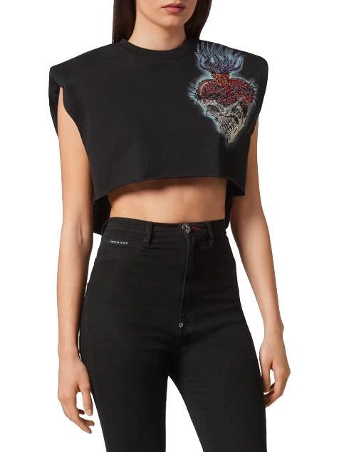 Philipp Plein Shoulder Pads Cropped Top Love Tattoo - Black