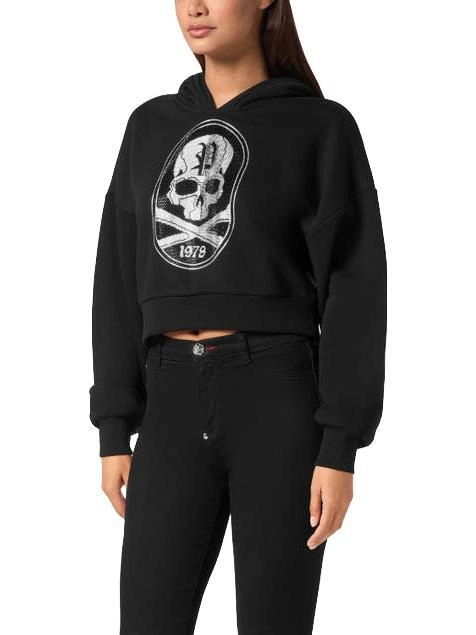 Philipp Plein Cropped Hoodie Sweatshirt Strass Skull&amp;bones - Black