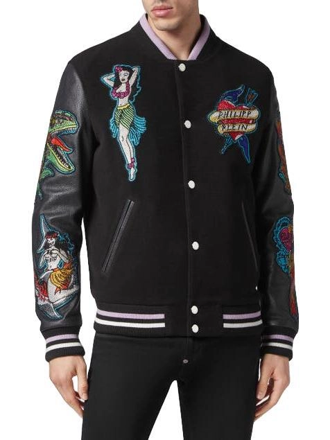 Philipp Plein Leather College Bomber Hawaii - Black