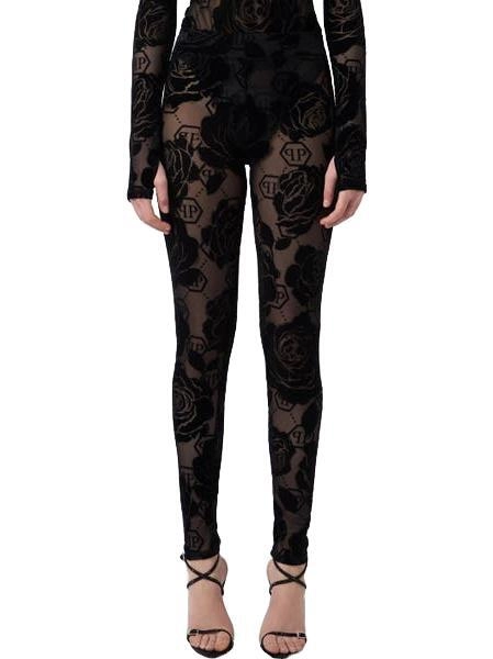 Philipp Plein Tulle Leggings Flock Flower Monogram - Black
