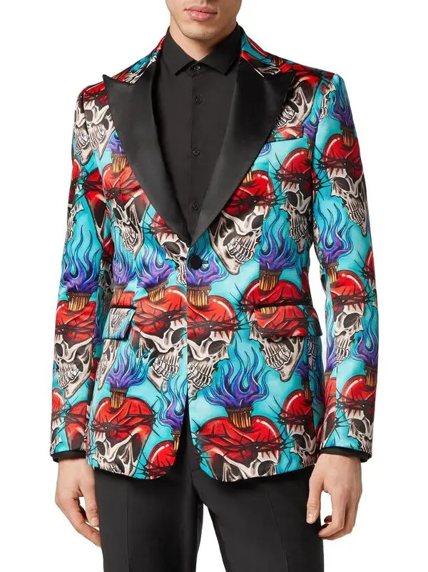 Philipp Plein Satin Blazer Lord Fit Love Tattoo - Turquoise