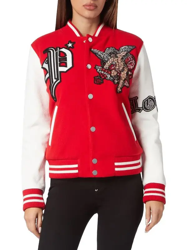 Philipp Plein Wool And Leather Bomber Love Angel - Red