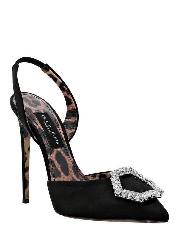 Philipp Plein Satin Decollete Slingback Hi-heels Crystal Hexagon - Black