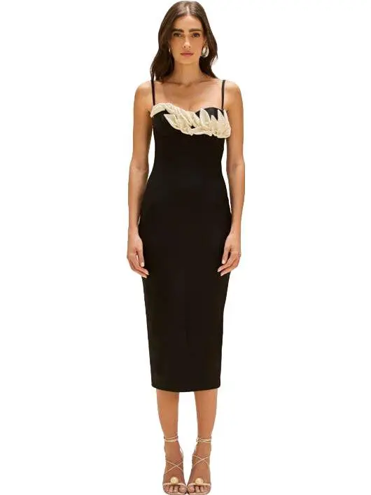 PatBO Selene Mesh Flower Applique Midi Dress - Black