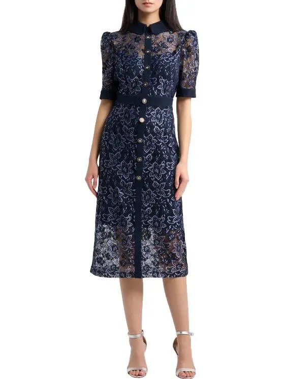 Tahari Lace & Crepe Shirtdress - Navy