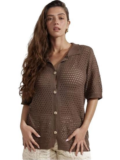 BEACH LIFE BY GOTTEX Robbie Crochet Collared Beach Top - Brown