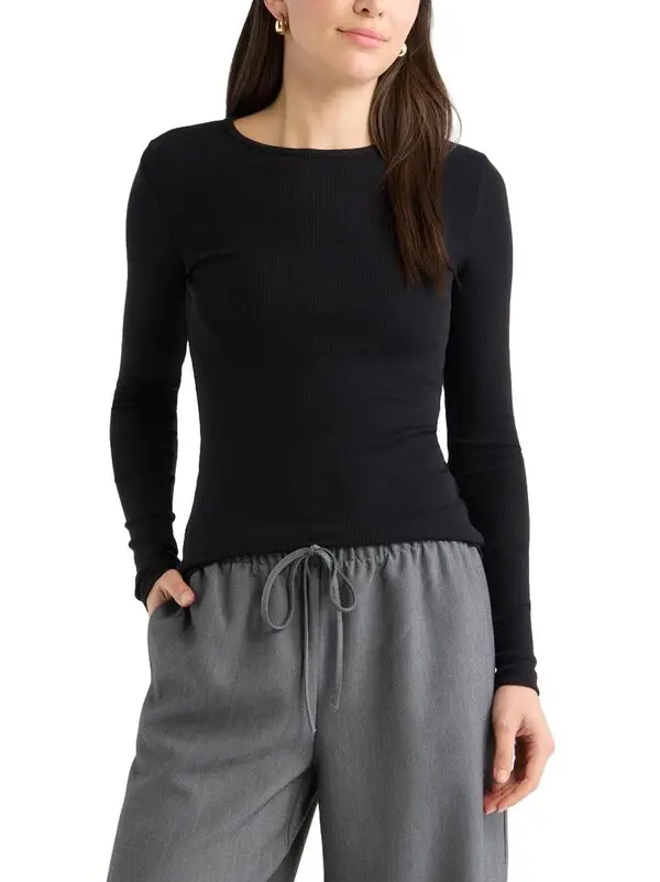 Caslon Rib Crewneck Long Sleeve Top - Black