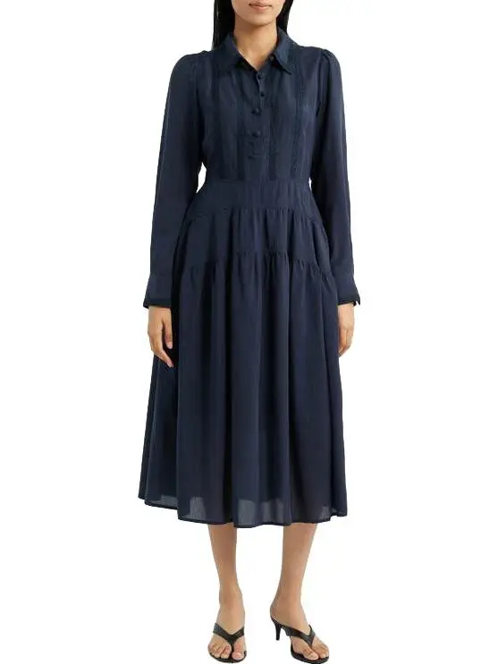 ZOE AND CLAIRE Lace Inset Long Sleeve Midi Dress - Navy