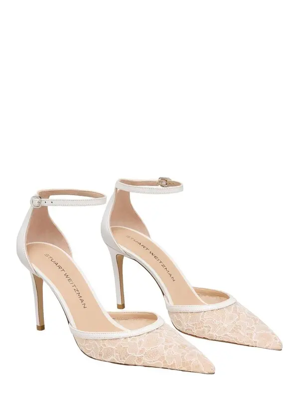 STUART WEITZMAN Powerstrap Leather & Lace Pointed Toe Pump - Blanco/beige/blanco