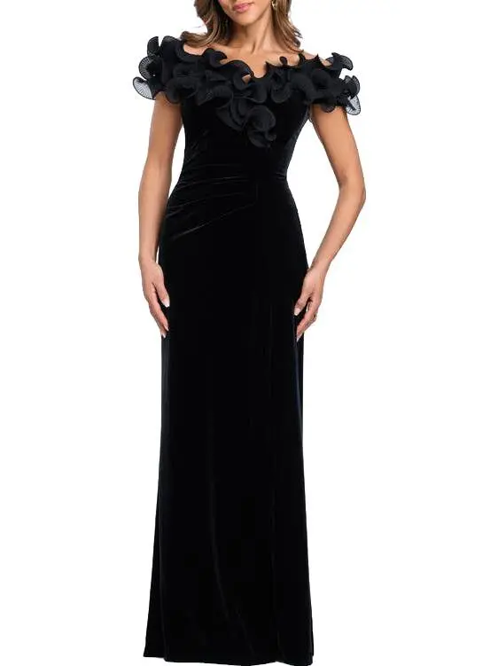 XSCAPE EVENINGS Ruffle Neck Off The Shoulder Velvet Gown - Black