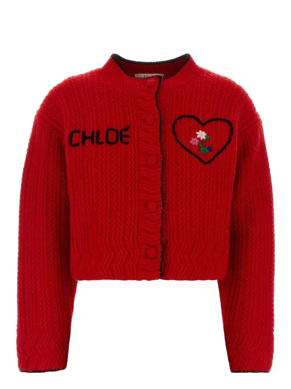 Chloé Wool Blend Cardigan With Silk & Cashmere - Red