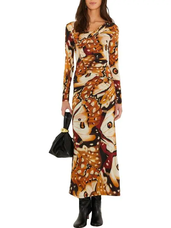 Farm Rio Borbofly Asymmetric Neck Long Sleeve Maxi Dress - Beige