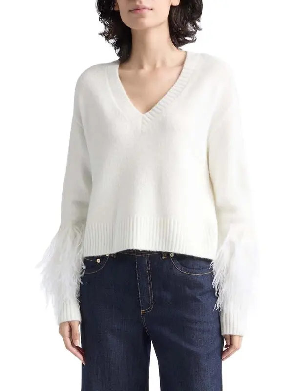 Cinq À Sept Brianne Ostrich Feather Cuff V-neck Sweater - Ivory