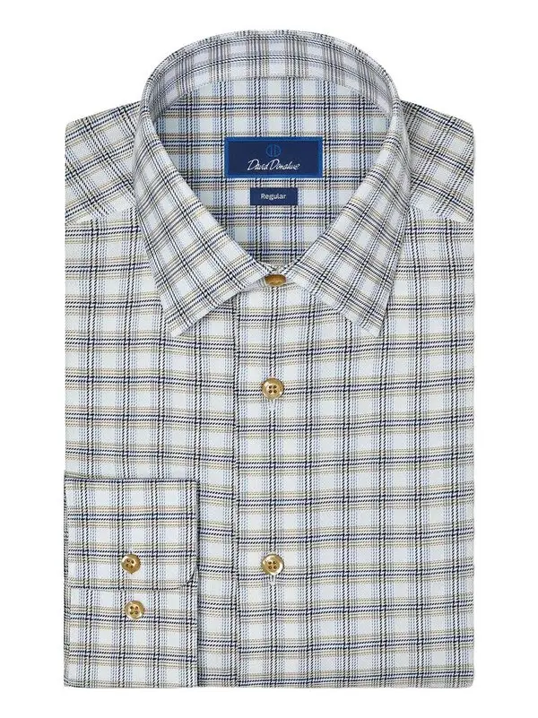 David Donahue Regular Fit Dobby Check Dress Shirt - Dune/blue