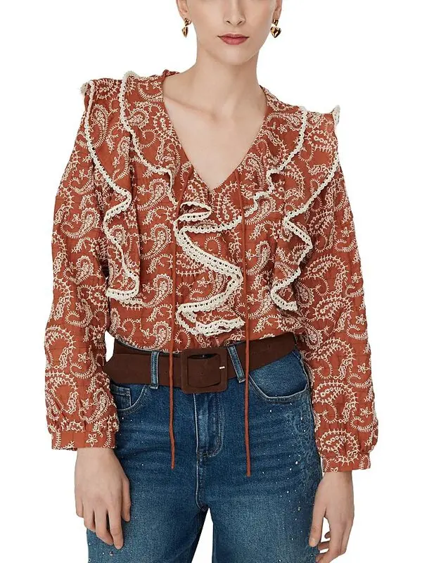 JOVONNA LONDON Ruffled Printed Blouse - Brick
