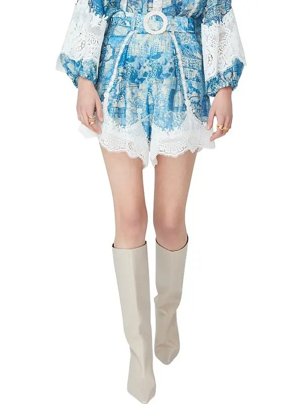 JOVONNA LONDON Printed Lace Trim Shorts - Blue Pattern