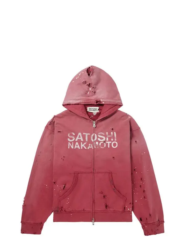 SATOSHI NAKAMOTO Luke Logo-print Distressed Paint-splattered Cotton-jersey Zip-up Hoodie - Pink
