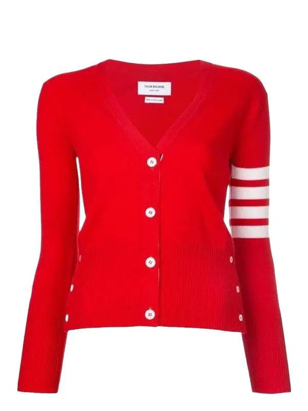 Thom Browne Classic V-neck Cardigan In White 4-bar Stripe In Cashmere - Red