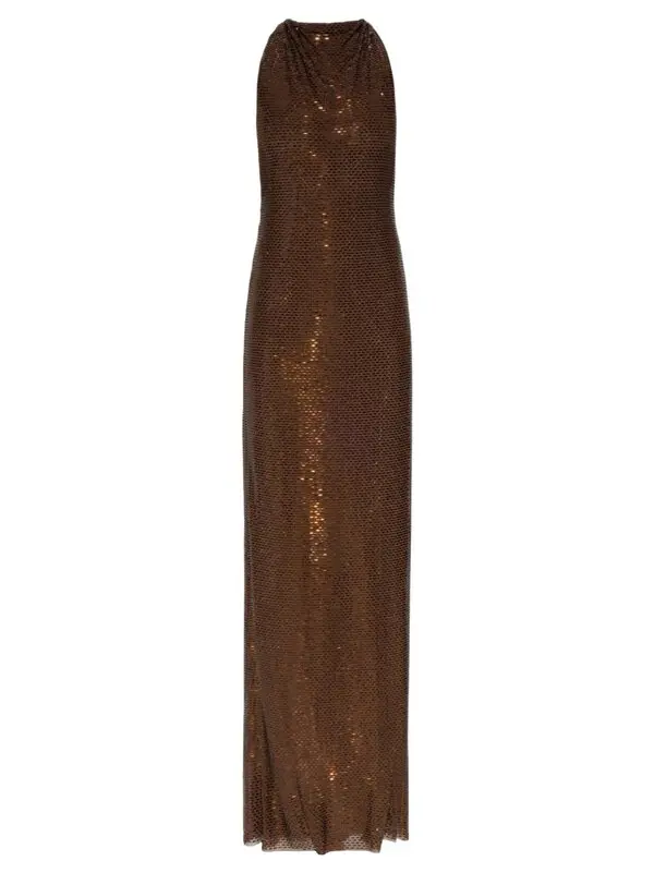 SELF-PORTRAIT Rhinestone-embellished Open-back Maxi Dress - Brown