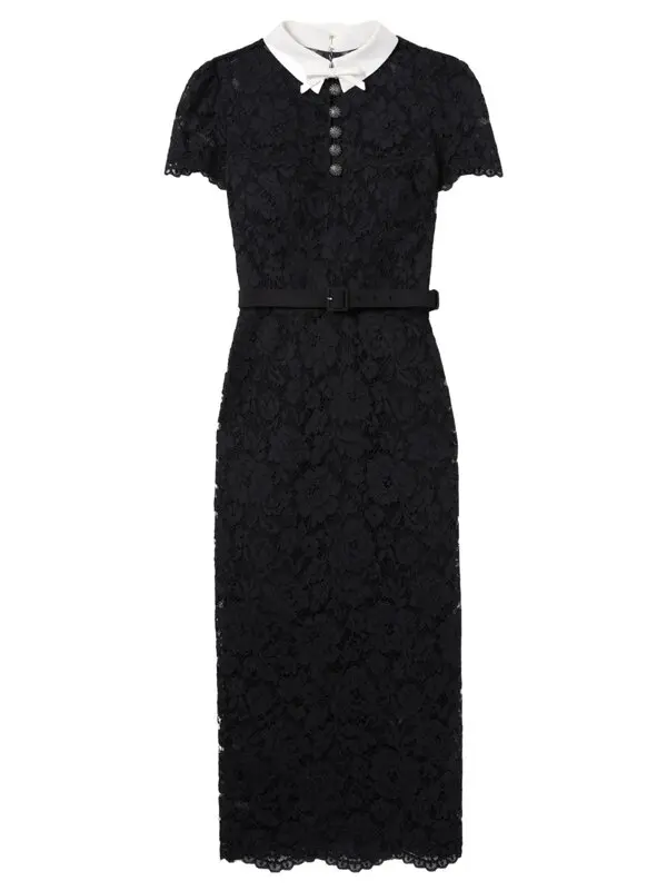 SELF-PORTRAIT Color-block Lace Collar Midi Dress - Black