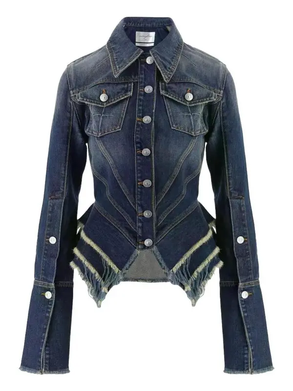 Matieres Fecales Fringed Peplum Denim Jacket - Blue