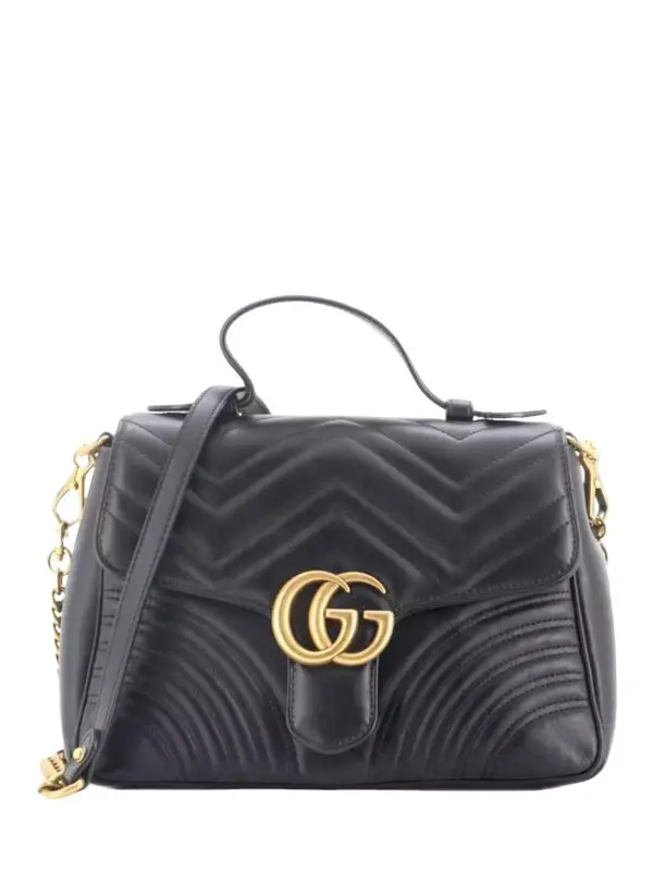 Gucci Gg Marmont Top Handle Flap Bag Matelasse Leather Small Satchel - Black