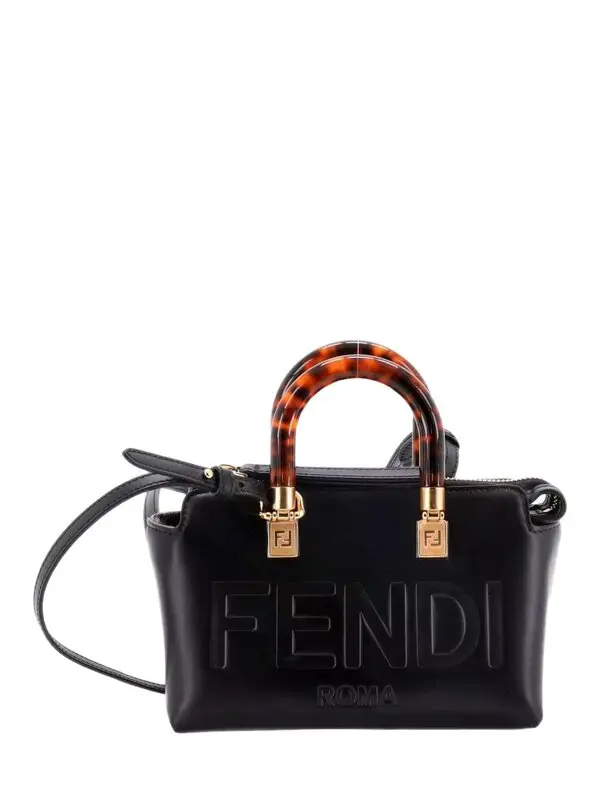 Fendi Logo The Way Top Handle Bag Embossed Leather Mini Crossbody Bag - Black