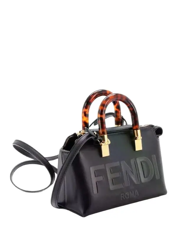 Fendi Logo The Way Top Handle Bag Embossed Leather Mini Crossbody Bag - Black