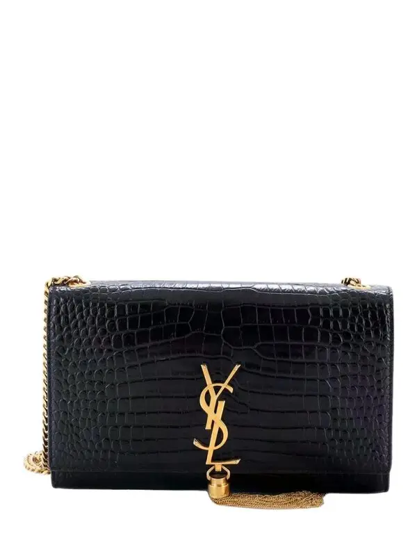 Saint Laurent Classic Monogram Tassel Crocodile Embossed Leather Medium Crossbody Bag - Black